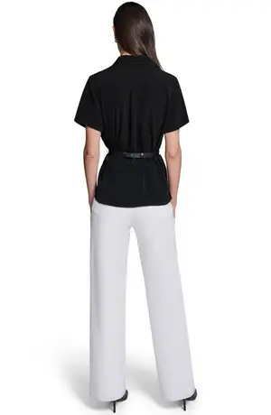 Karl Lagerfeld Paris Short Sleeve Belted Shirt With Rose Detail - Black