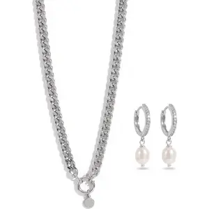 JOEY BABY Tone Stainless Steel Cuban Link Chain Necklace And Freshwater Pearl Drop Earrings Set - Silver