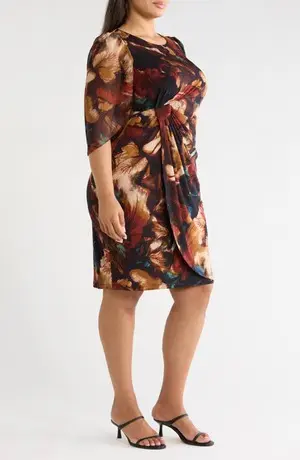 CONNECTED APPAREL Floral Print Cape Sleeve Faux-wrap Mini Dress