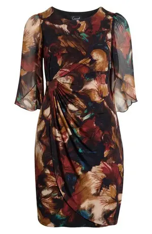 CONNECTED APPAREL Floral Print Cape Sleeve Faux-wrap Mini Dress