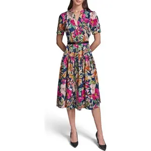 Karl Lagerfeld Paris Floral Print Belted Tiered Midi Dress - Currant/light Blush Multi