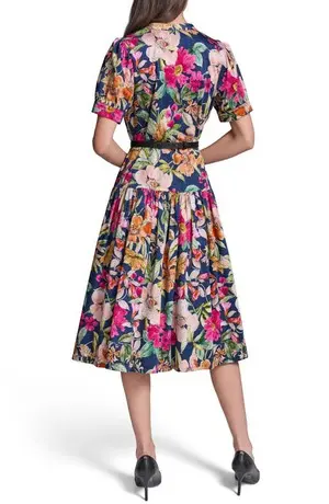 Karl Lagerfeld Paris Floral Print Belted Tiered Midi Dress