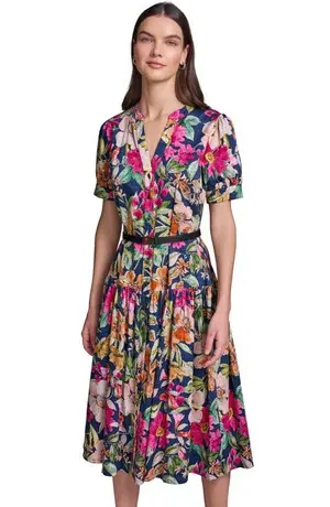 Karl Lagerfeld Paris Floral Print Belted Tiered Midi Dress