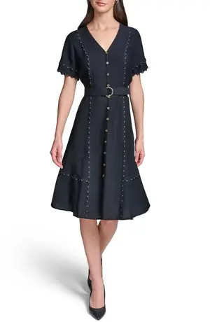 Karl Lagerfeld Paris Stud Embellished Belted Button-up Midi Dress