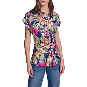 Karl Lagerfeld Paris Side Tie Crêpe De Chine Button-up Shirt - Currant/light Blush Multi