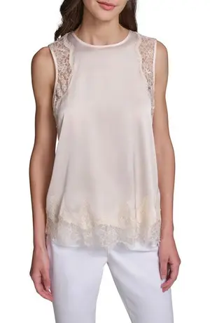 Karl Lagerfeld Paris Eyelash Lace Trim Satin Tank - Bisque