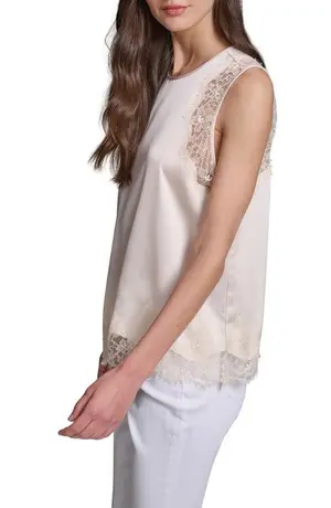Karl Lagerfeld Paris Eyelash Lace Trim Satin Tank - Bisque