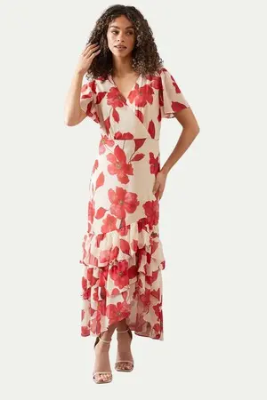 WALLIS Floral Frill Hem Chiffon Maxi Dress - Red