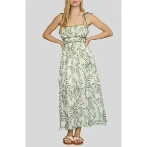 BLU PEPPER Print Tie Straps Maxi Dress - Olive Multi