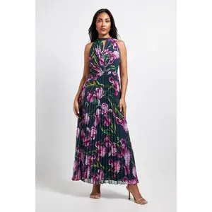WALLIS Petite Floral Print Pleated Maxi Dress - Green