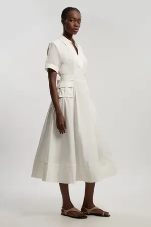 Karen Millen Utility Short Sleeve Organdie Midi Dress - Ivory