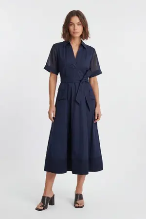 Karen Millen Utility Short Sleeve Organdie Midi Dress - Navy