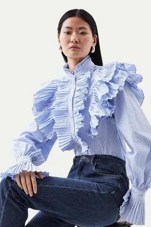 Karen Millen Striped Ruffle High Neck Shirt - Stripe