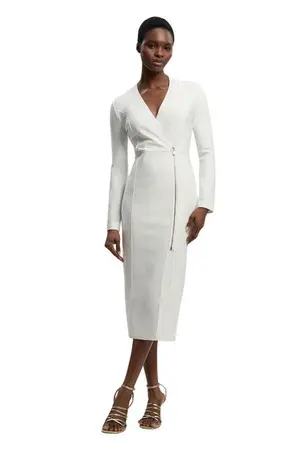 Karen Millen Bandage Asymmetric Zip Detail Midi Dress - Ivory