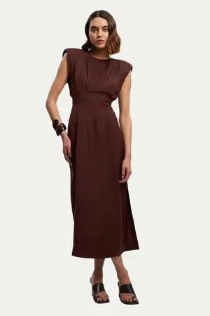 Karen Millen Linen Blend Pintuck Midi Dress - Chocolate