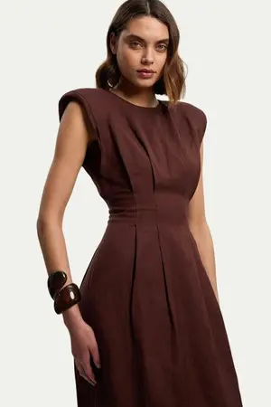 Karen Millen Linen Blend Pintuck Midi Dress - Chocolate