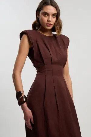 Karen Millen Linen Blend Pintuck Midi Dress - Chocolate