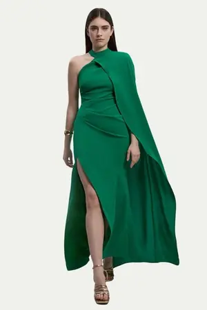 Karen Millen One Shoulder Cape Sleeve Maxi Dress - Green