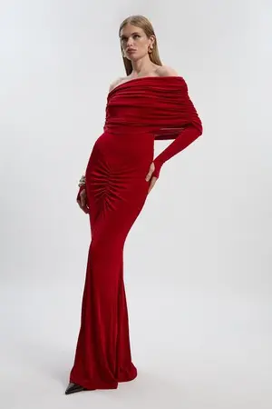 Karen Millen Ruched Off-shoulder Fishtail Maxi Dress - Red