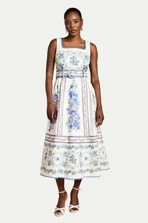Coast Print Full Skirted Cotton Midi Dress - Ivory