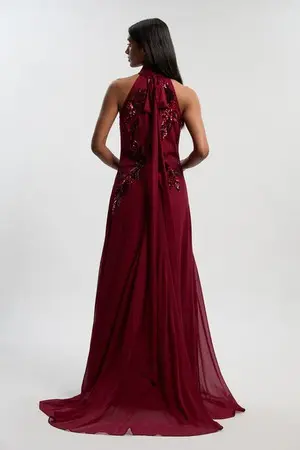 Karen Millen Petite Feather Embellished Halterneck Maxi Dress