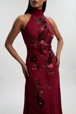 Karen Millen Petite Feather Embellished Halterneck Maxi Dress