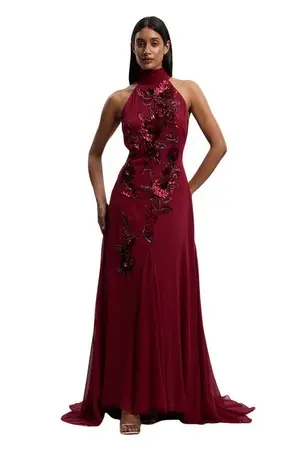 Karen Millen Petite Embellished Halterneck Maxi Dress - Wine