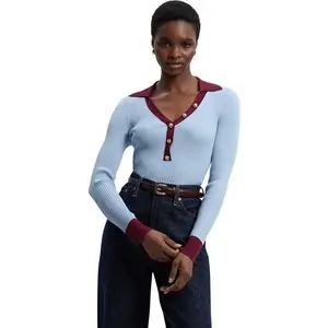 Karen Millen Ribbed Knit Collared Top With Contrast Trim - Light Blue