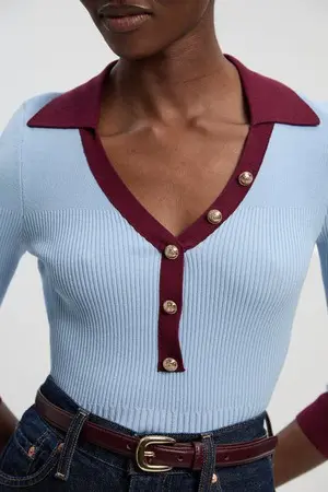 Karen Millen Ribbed Knit Collared Top With Contrast Trim