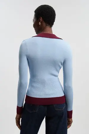 Karen Millen Ribbed Knit Collared Top With Contrast Trim