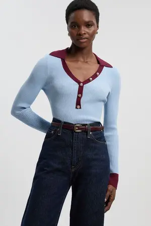 Karen Millen Ribbed Knit Collared Top With Contrast Trim