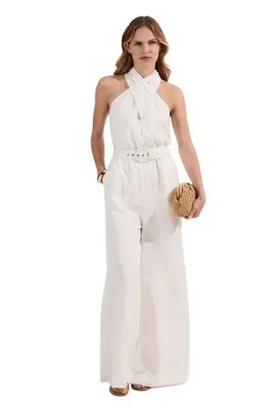 Karen Millen Linen Blend Wide Leg Halterneck Jumpsuit With Belt - White
