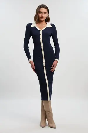 Karen Millen Rib Contrast Button Knit Midi Dress - Navy