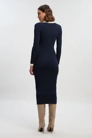 Karen Millen Rib Contrast Button Knit Midi Dress