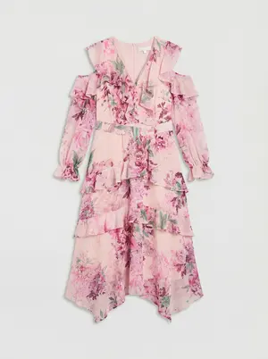Coast Floral Print Cold Shoulder Tiered Ruffle Midi Dress