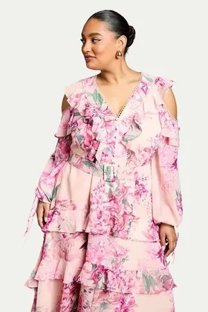Coast Floral Print Cold Shoulder Tiered Ruffle Midi Dress
