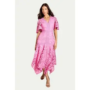 Coast Placement Lace Hanky Hem Dress - Pink