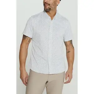 7 Diamonds The Wes Abstract Leaf Print Short Sleeve Stretch Button-up Shirt - Blue