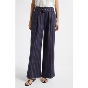 REISS Rae Stripe Belted Wide Leg Pants - Navy