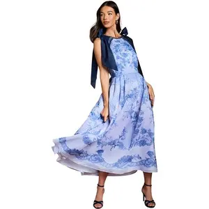 Coast Placement Print Organza Halterneck Midi Dress With Bow Shoulder Detail - Blue