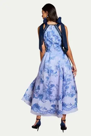 Coast Placement Print Organza Halterneck Midi Dress With Bow Shoulder Detail