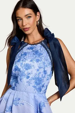 Coast Placement Print Organza Halterneck Midi Dress With Bow Shoulder Detail