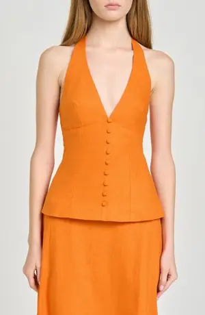 WAYF X Hannah Lovey Porter Capri Halter Neck Linen Blend Top - Orange