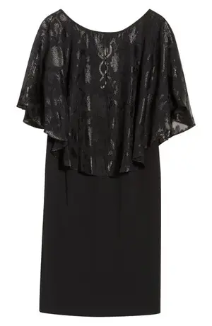 CONNECTED APPAREL Metallic Burnout Jacquard Cape Cocktail Dress