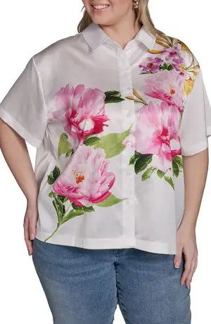 Karl Lagerfeld Paris Floral Placement Print Button-up Shirt - Soft White Multi