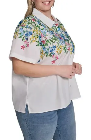 Karl Lagerfeld Paris Floral Print Cotton Sateen Shirt