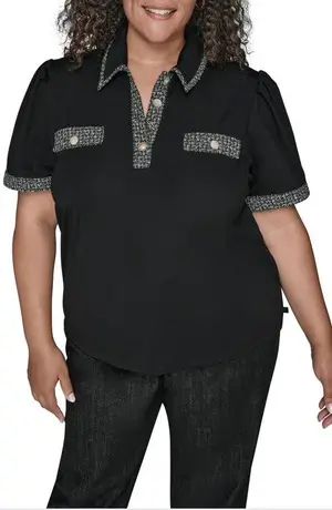 Karl Lagerfeld Paris Mixed Media Metallic Tweed Top - Black