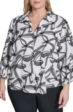 Karl Lagerfeld Paris Bow Print Crepe Button-up Shirt - Soft White/black Multi