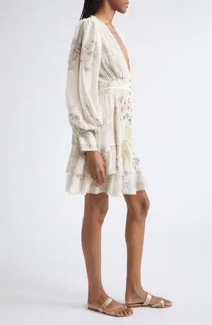 Camilla Printed Silk Frill Dress With Balloon Sleeves