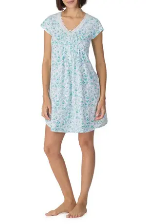 Eileen West Cotton Short Nightgown - Aqua Multi